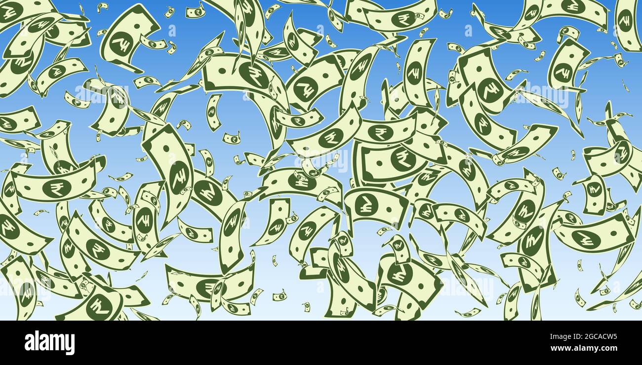 Indian rupee notes falling. Random INR bills on blue sky background ...
