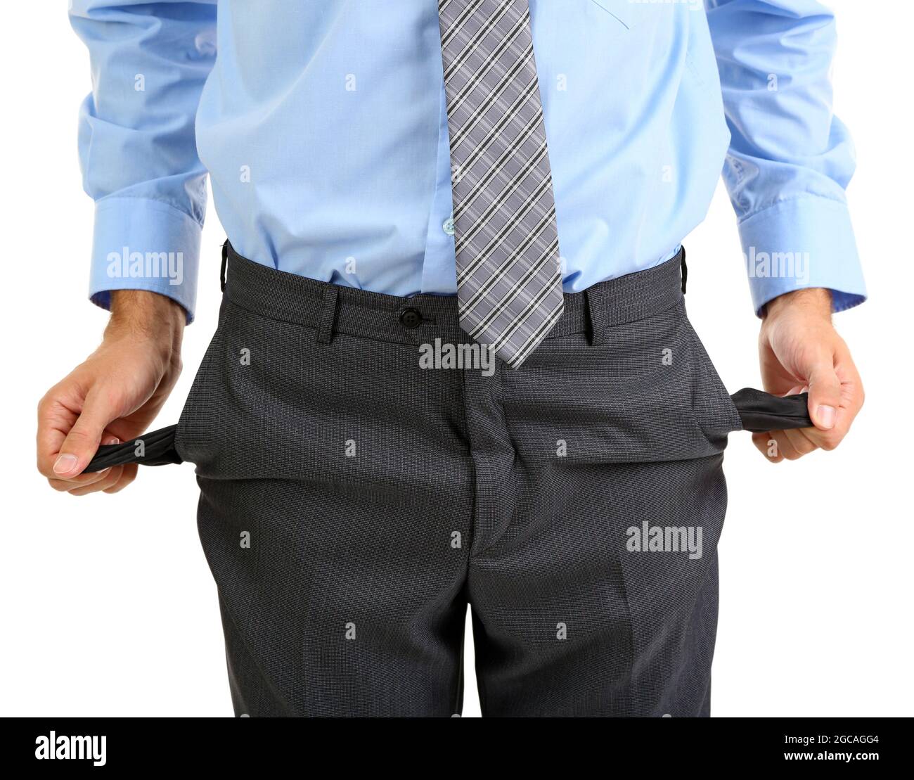 Business man showing his empty pockets, isolated on white Stock Photo ...