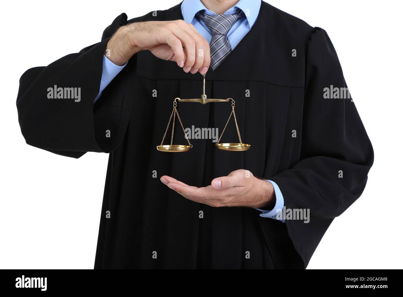 Judge holding scales isolated on white Stock Photo - Alamy