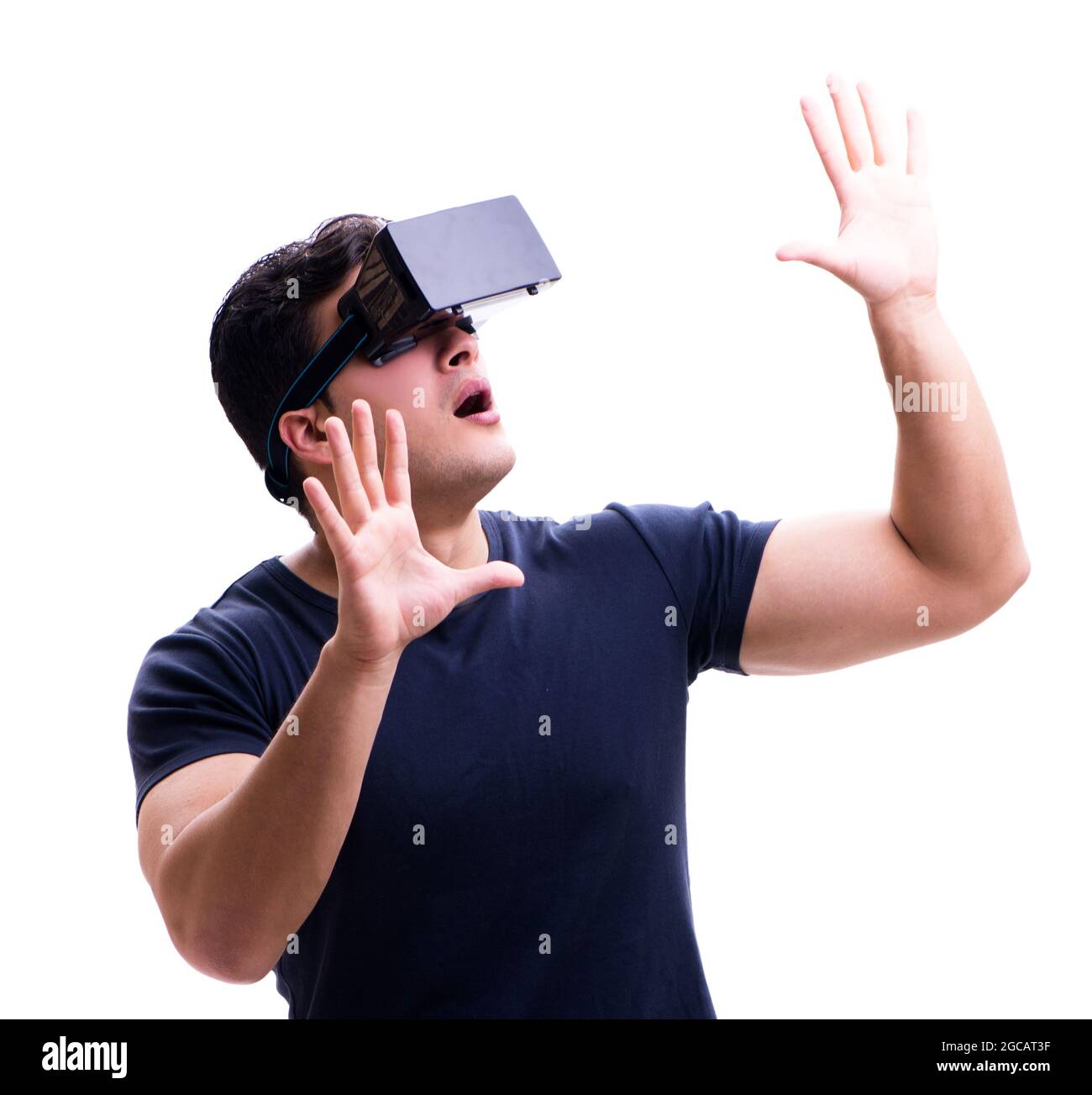 The man playing with virtual reality glasses on white background Stock ...