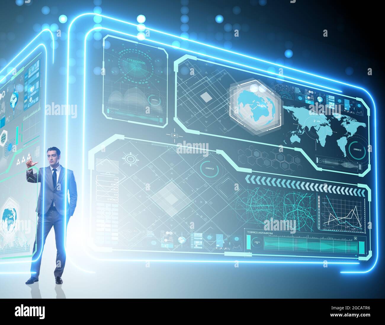 The man pressing virtual button in data mining concept Stock Photo - Alamy