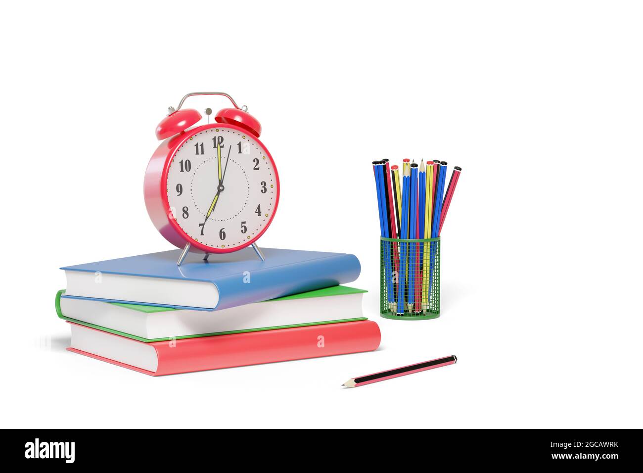 Alarm clock, pencils and books isolated on white background. Back to ...