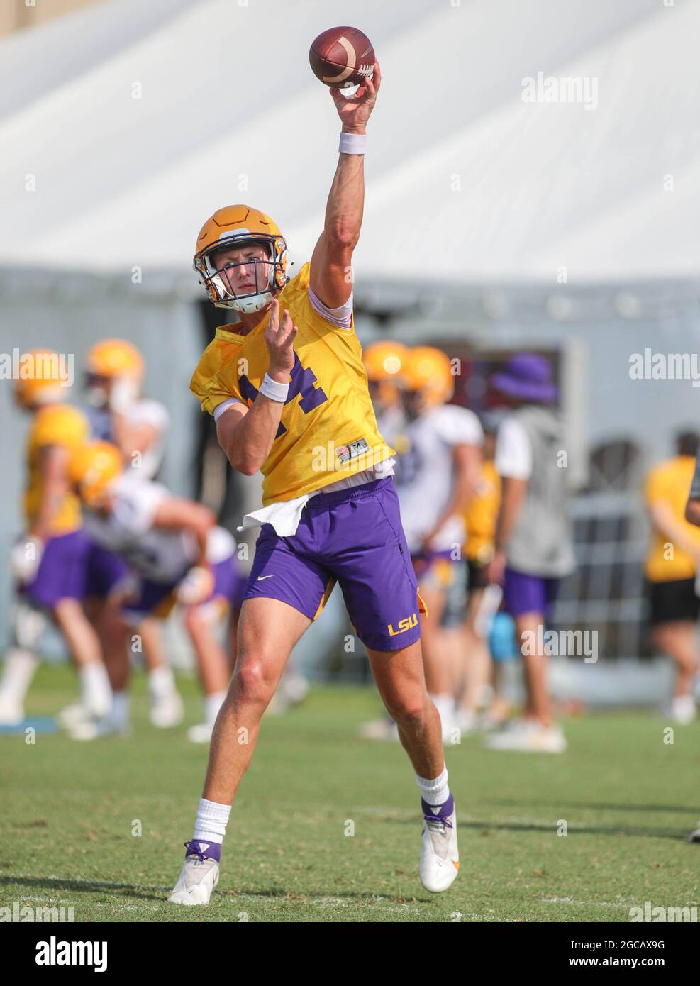 August 7, 2021: LSU quarterback Max Johnson (14) delivers a pass during ...