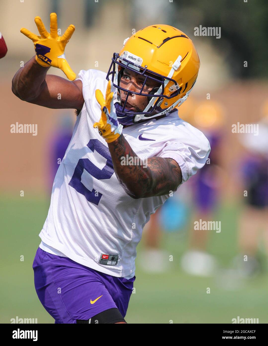 August 7, 2021: LSU wide receiver Koy Moore (2) catches a pass during ...