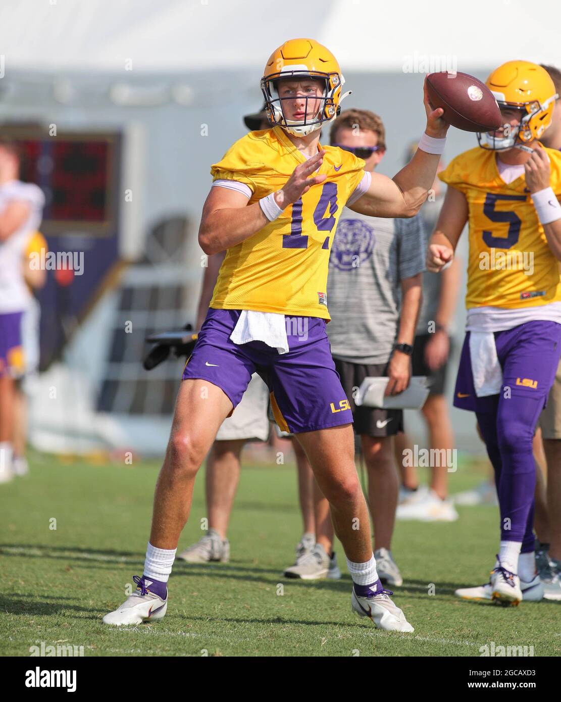 August 7, 2021: LSU quarterback Max Johnson (14) delivers a pass during ...