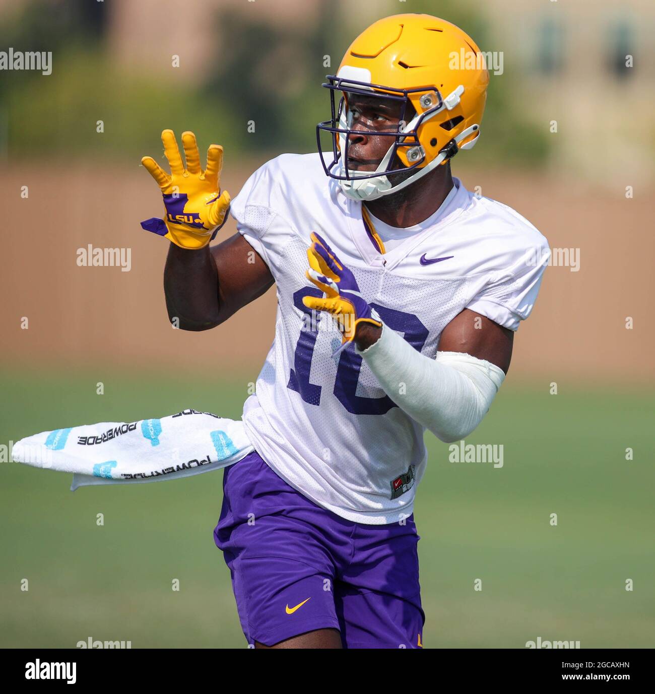 August 7, 2021: LSU wide receiver Jaray Jenkins (10) catches a pass ...
