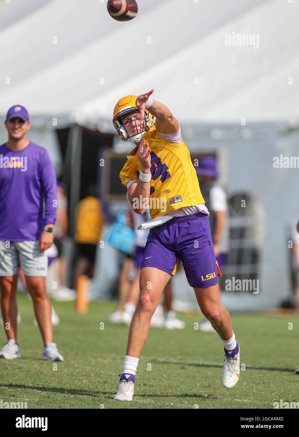 August 7, 2021: LSU quarterback Max Johnson (14) delivers a pass during ...