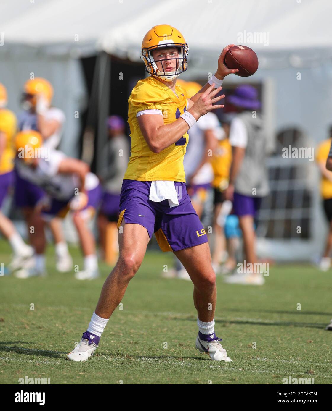 August 7, 2021: LSU quarterback Max Johnson (14) delivers a pass during ...