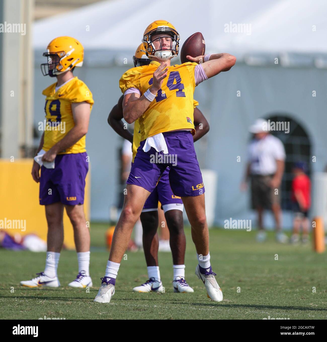 August 7, 2021: LSU quarterback Max Johnson (14) delivers a pass during ...