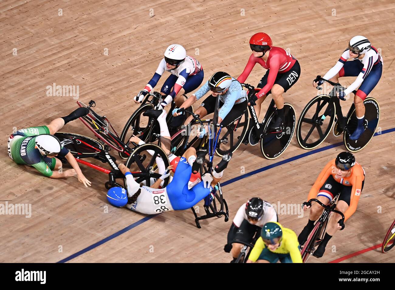 Belgian cyclist Lotte Kopecky falls during the scratch race, first part ...