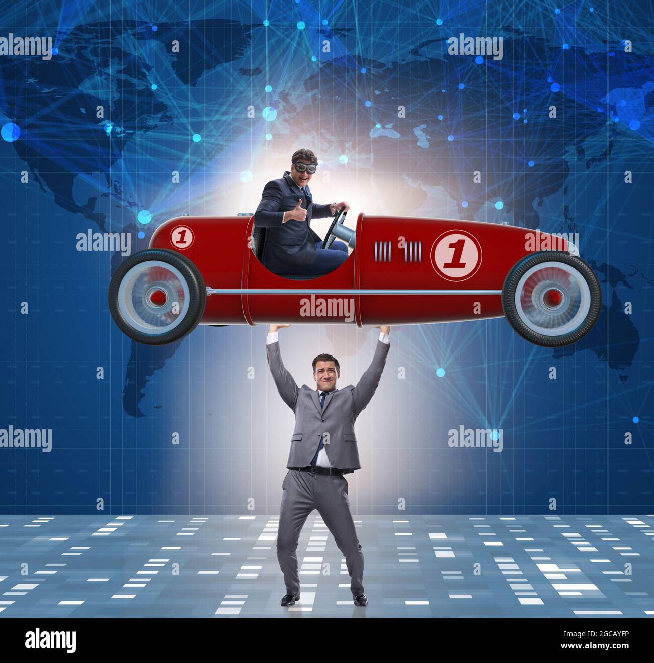 The businessman lifting sports car in power concept Stock Photo - Alamy