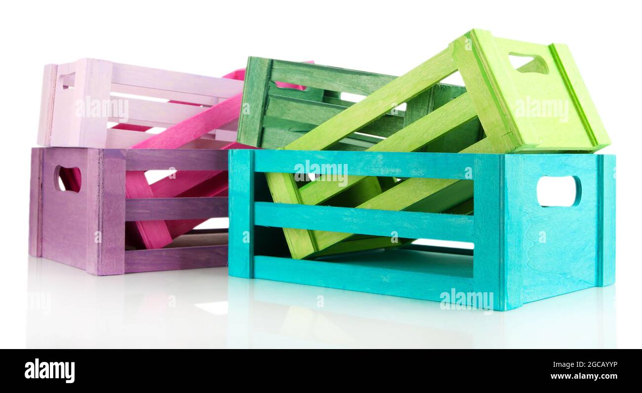 Color wooden crates, isolated on white Stock Photo - Alamy