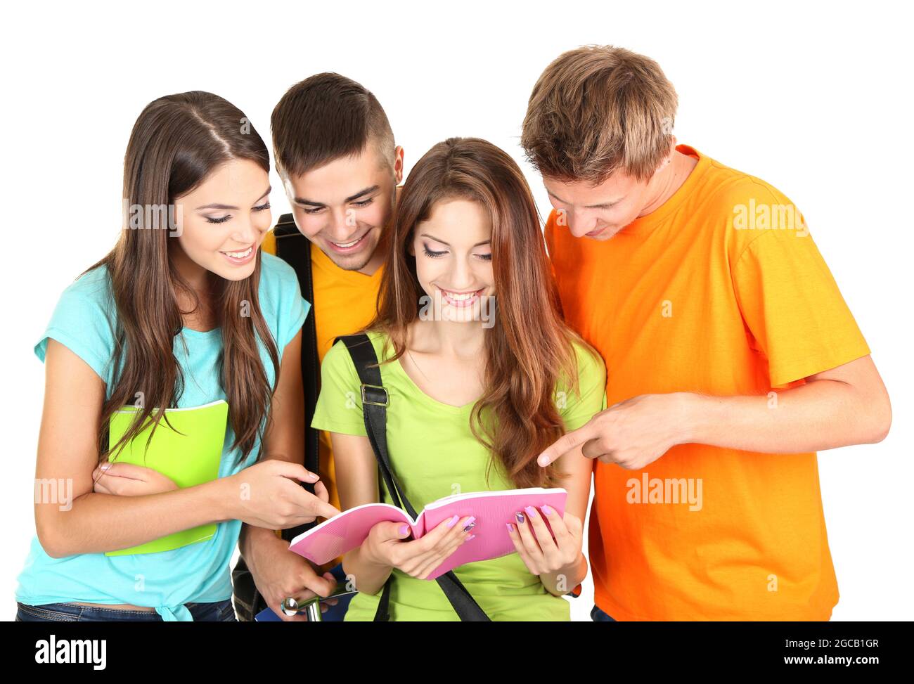 Happy group of beautiful young students, isolated on white Stock Photo ...
