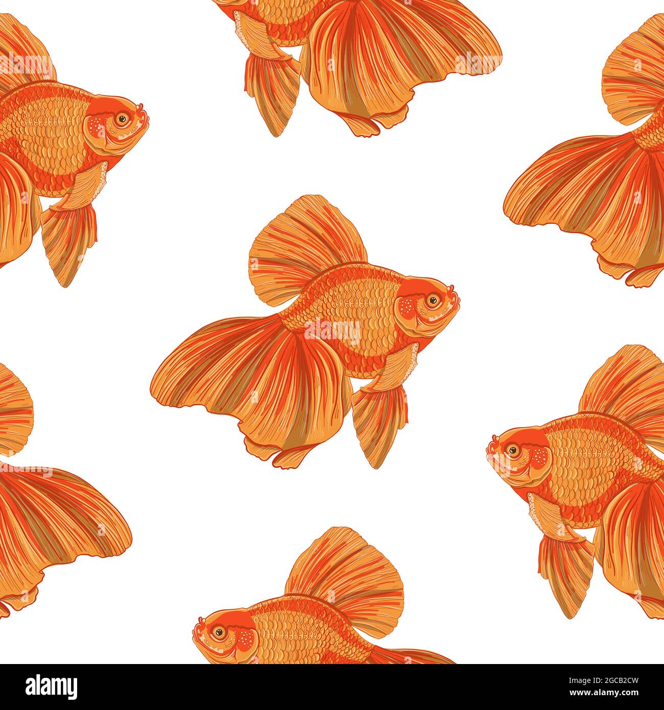 Digital illustration of orange detailed aquarium goldfish seamless ...