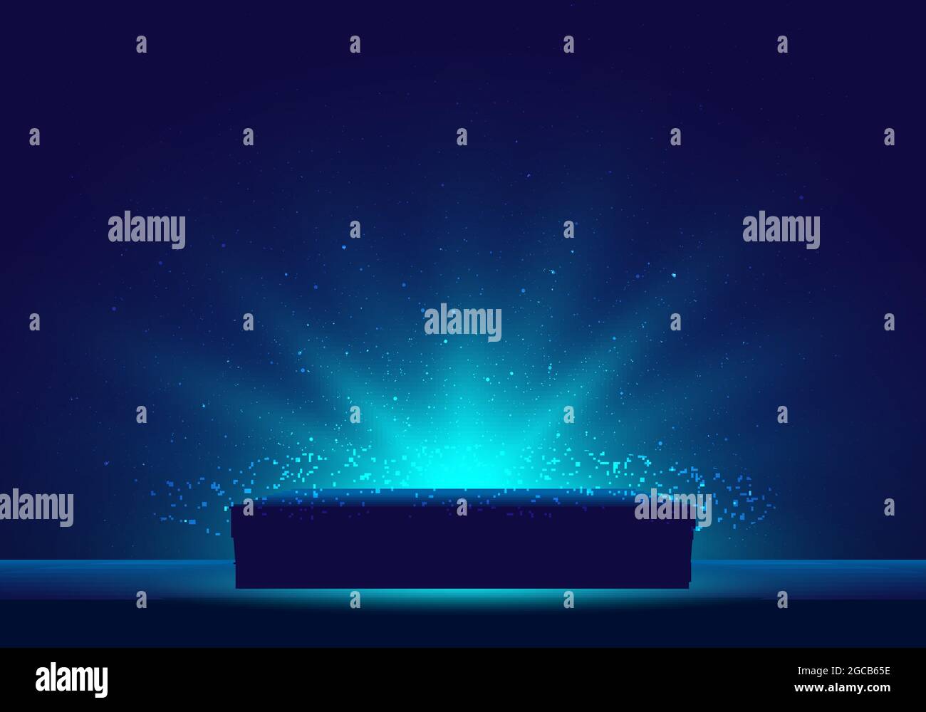 3D blue mystery box with Illuminated lighting glitter on dark ...