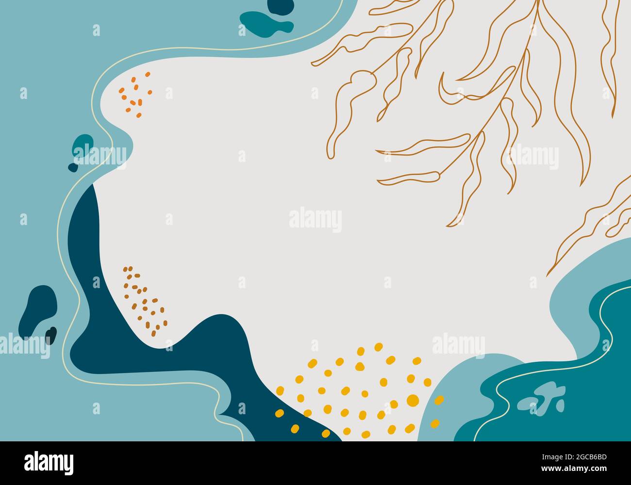 Abstract hand drawn blue organic shape with leaves lines on white ...