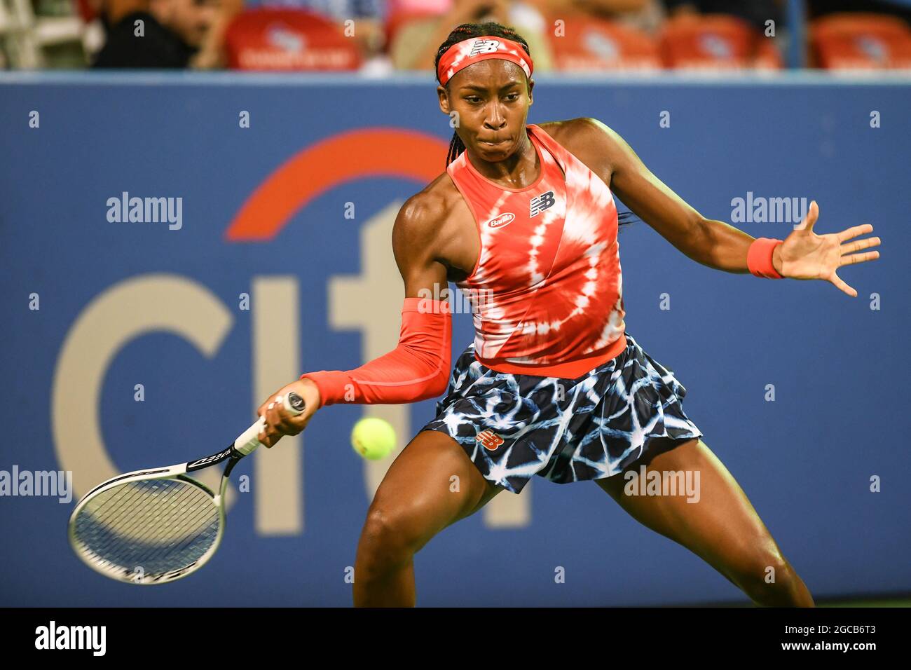 Washington, D.C, USA. 7th Aug, 2021. COCO GAUFF hits a forehand during ...