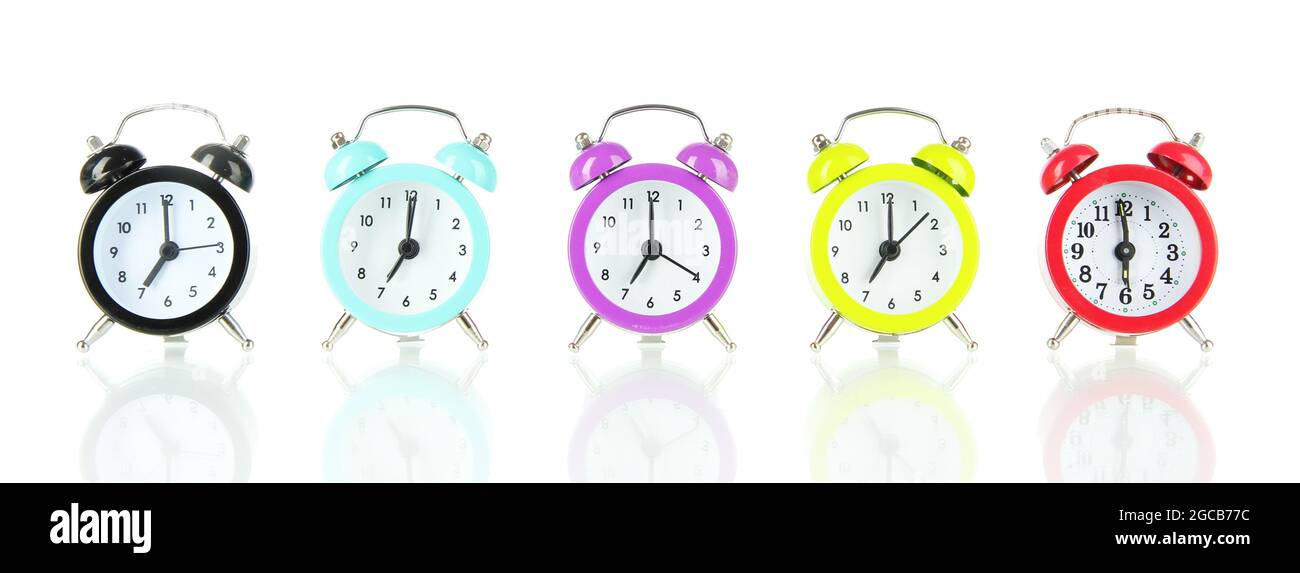 Colorful alarm clock isolated on white Stock Photo - Alamy