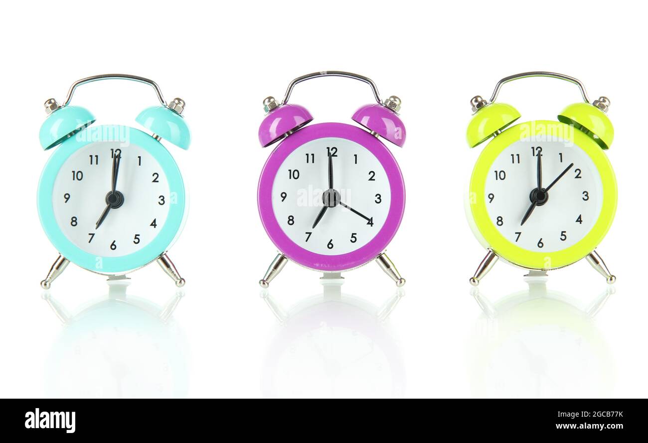 Colorful alarm clock isolated on white Stock Photo - Alamy