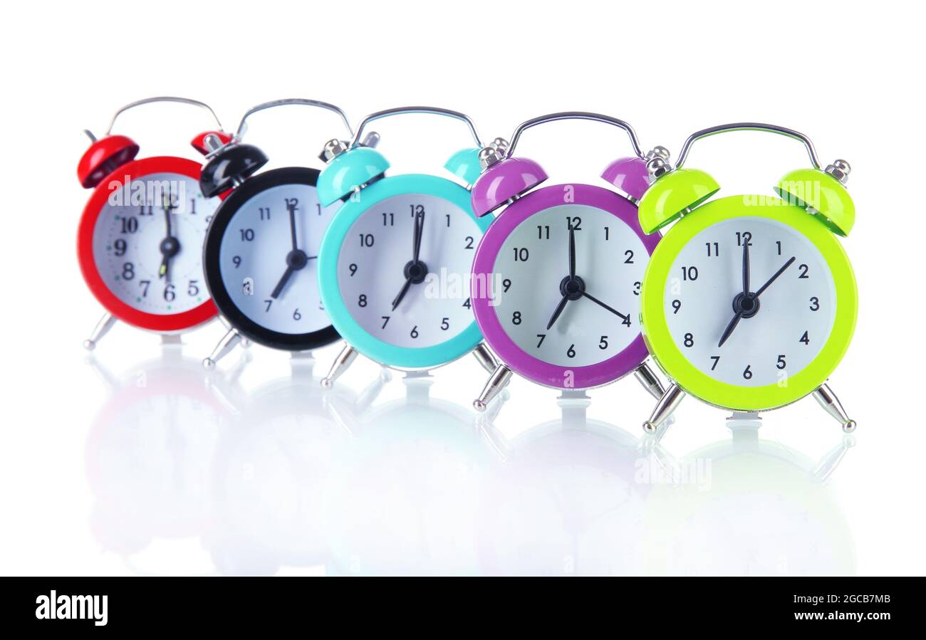 Colorful alarm clock isolated on white Stock Photo - Alamy