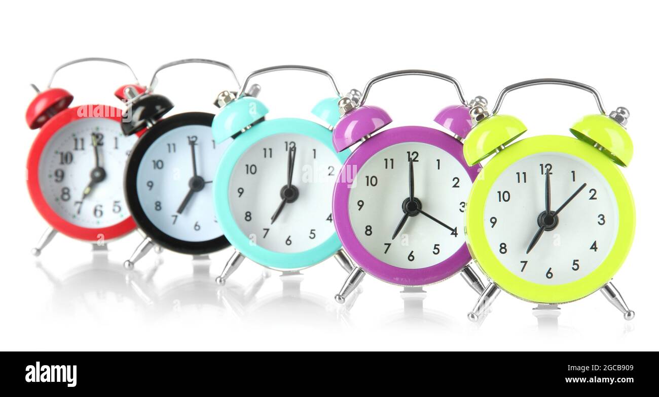 Colorful alarm clock isolated on white Stock Photo - Alamy