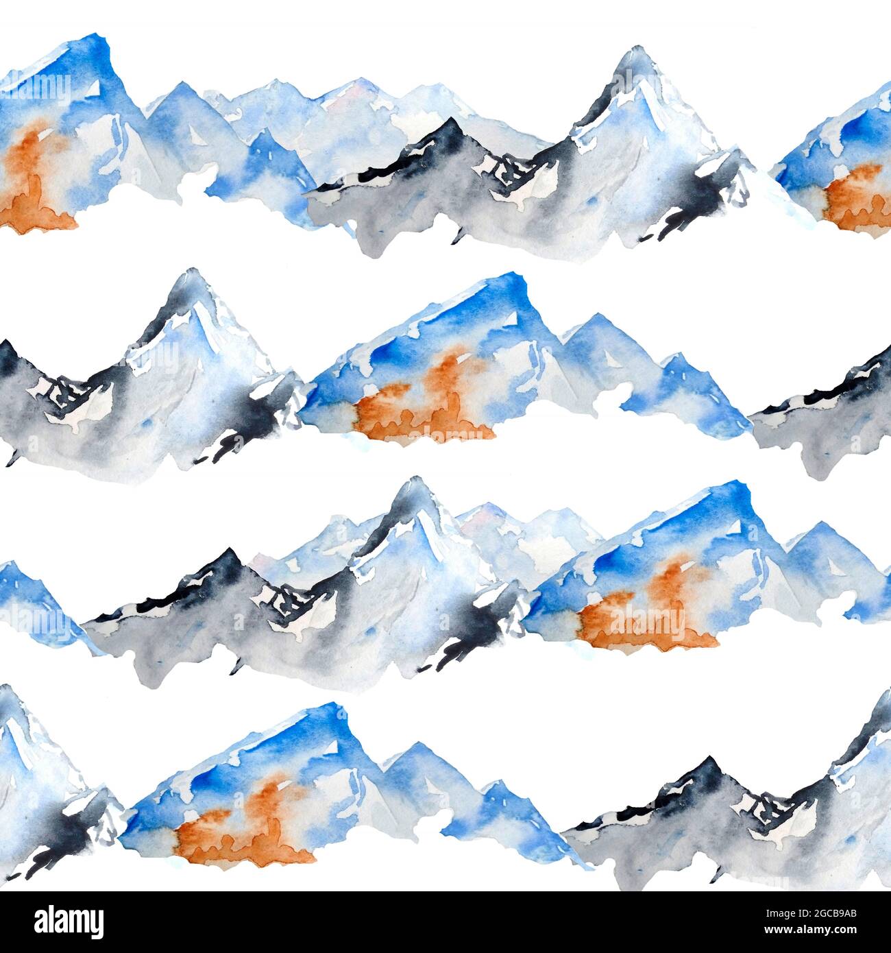Watercolor hand drawn seamless pattern with blue winter mountain range ...