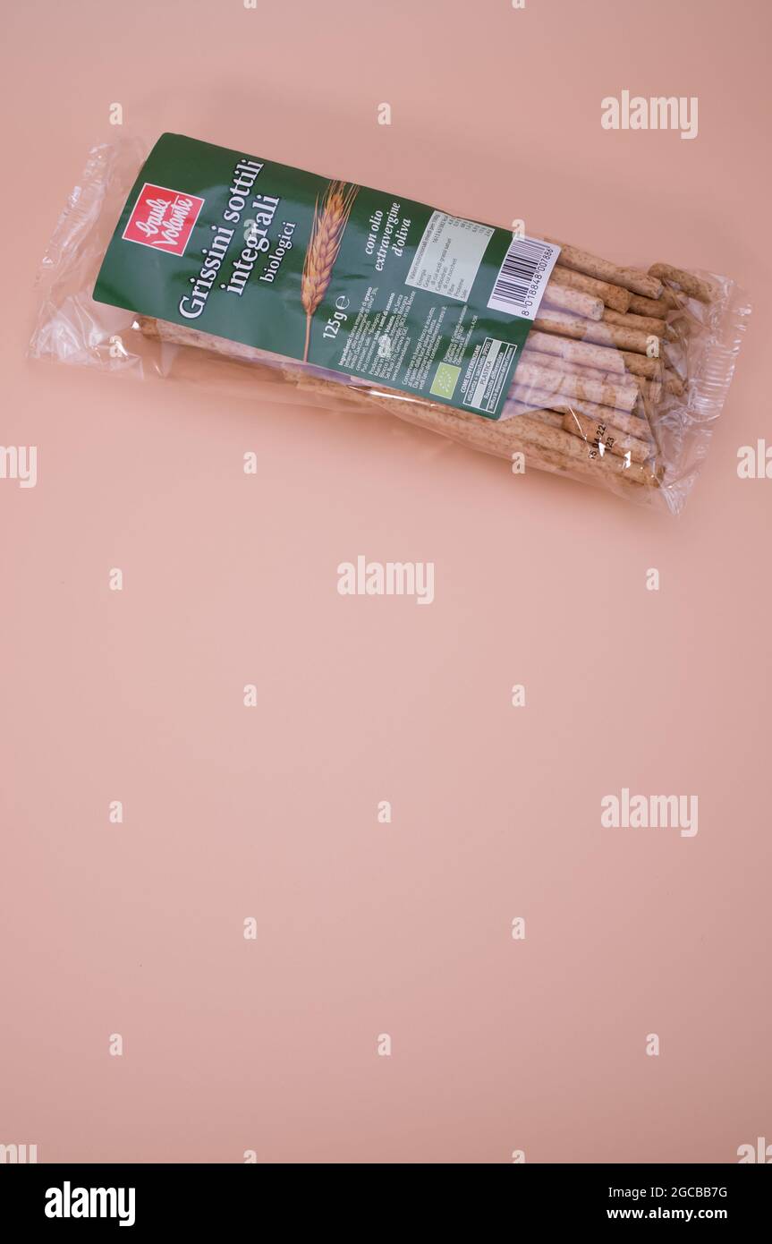 COMO, ITALY - Jul 18, 2021: A natural organic breadsticks in a plastic ...