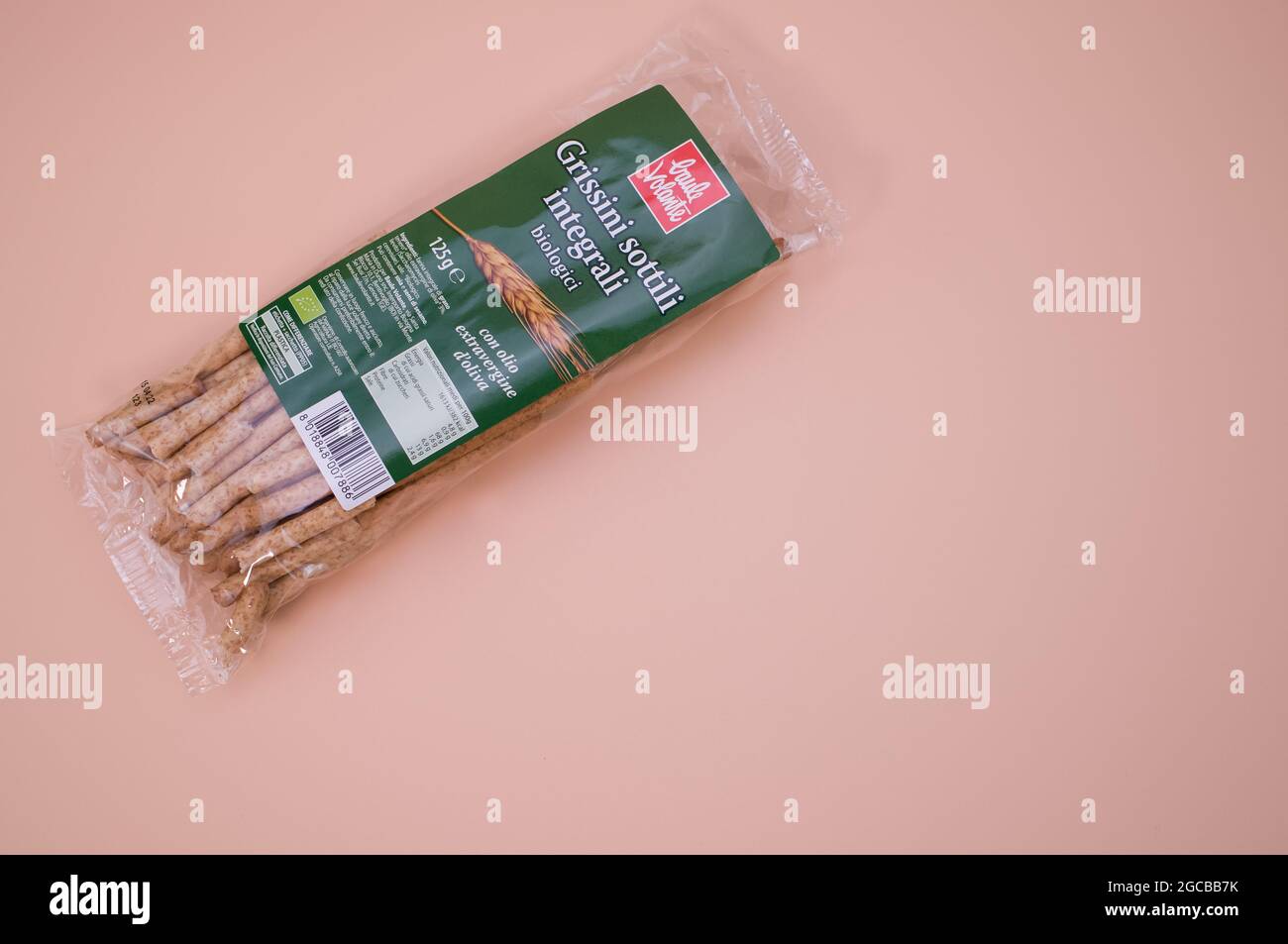 COMO, ITALY - Jul 18, 2021: A natural organic breadsticks in a plastic ...