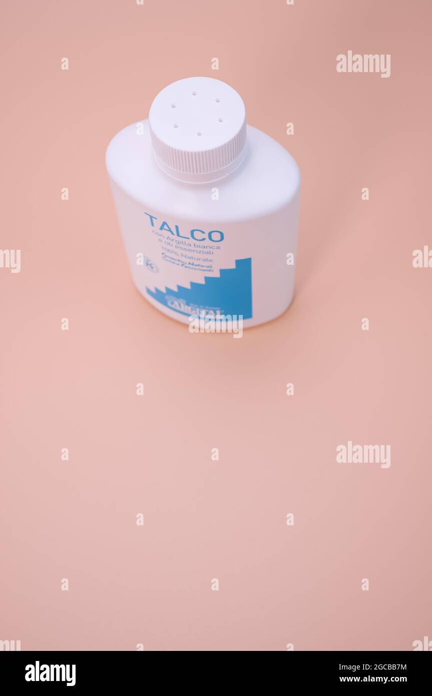 COMO, ITALY - Jul 18, 2021: A talcum powder with clay for the body in a ...