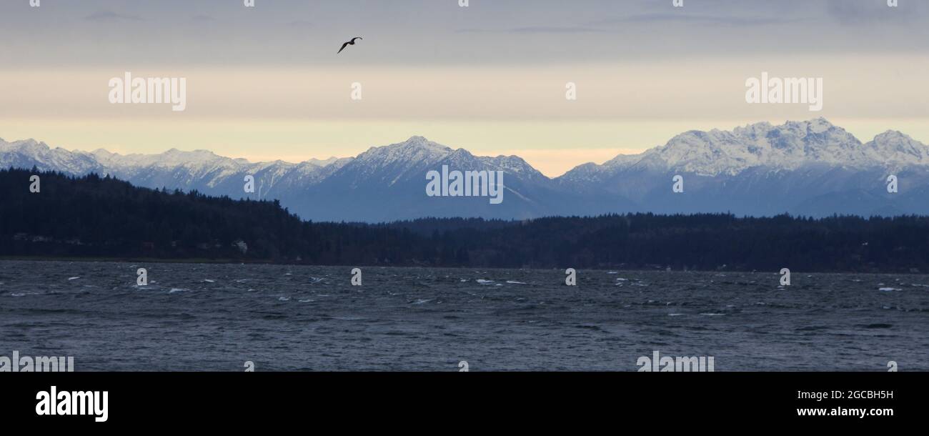 Olympic Mountains from West Seattle on a cold winters day Stock Photo ...