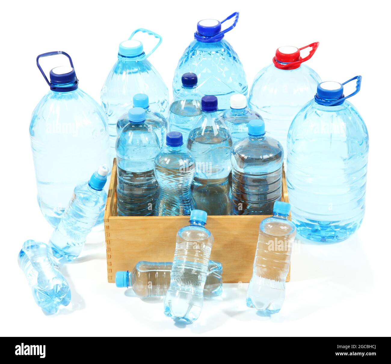 Water in different bottles in box isolated on white Stock Photo - Alamy