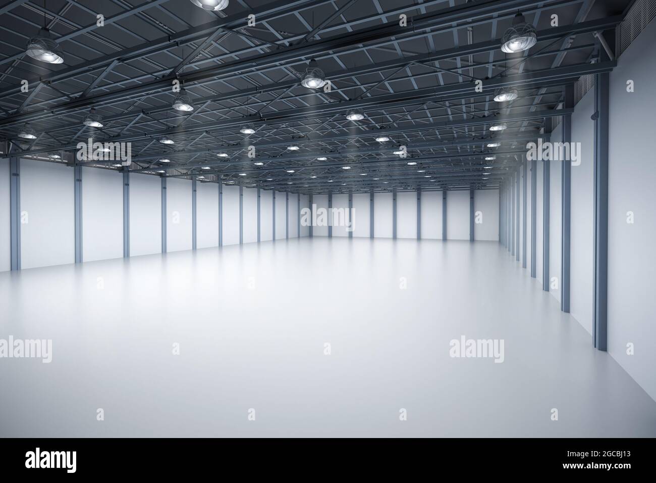 3d rendering empty factory interior with pendant lamps Stock Photo - Alamy