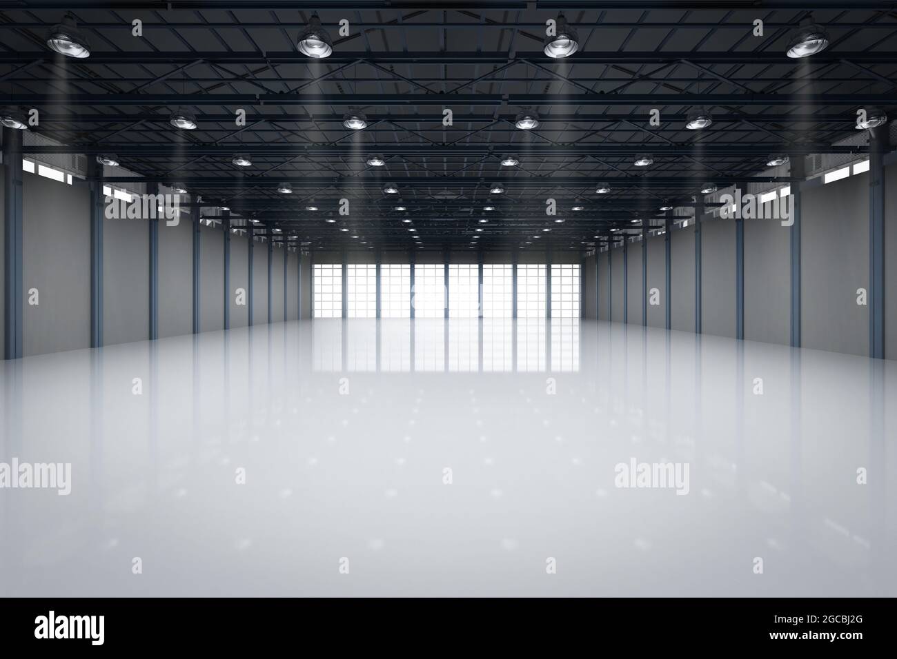 3d rendering empty factory interior with pendant lamps Stock Photo - Alamy