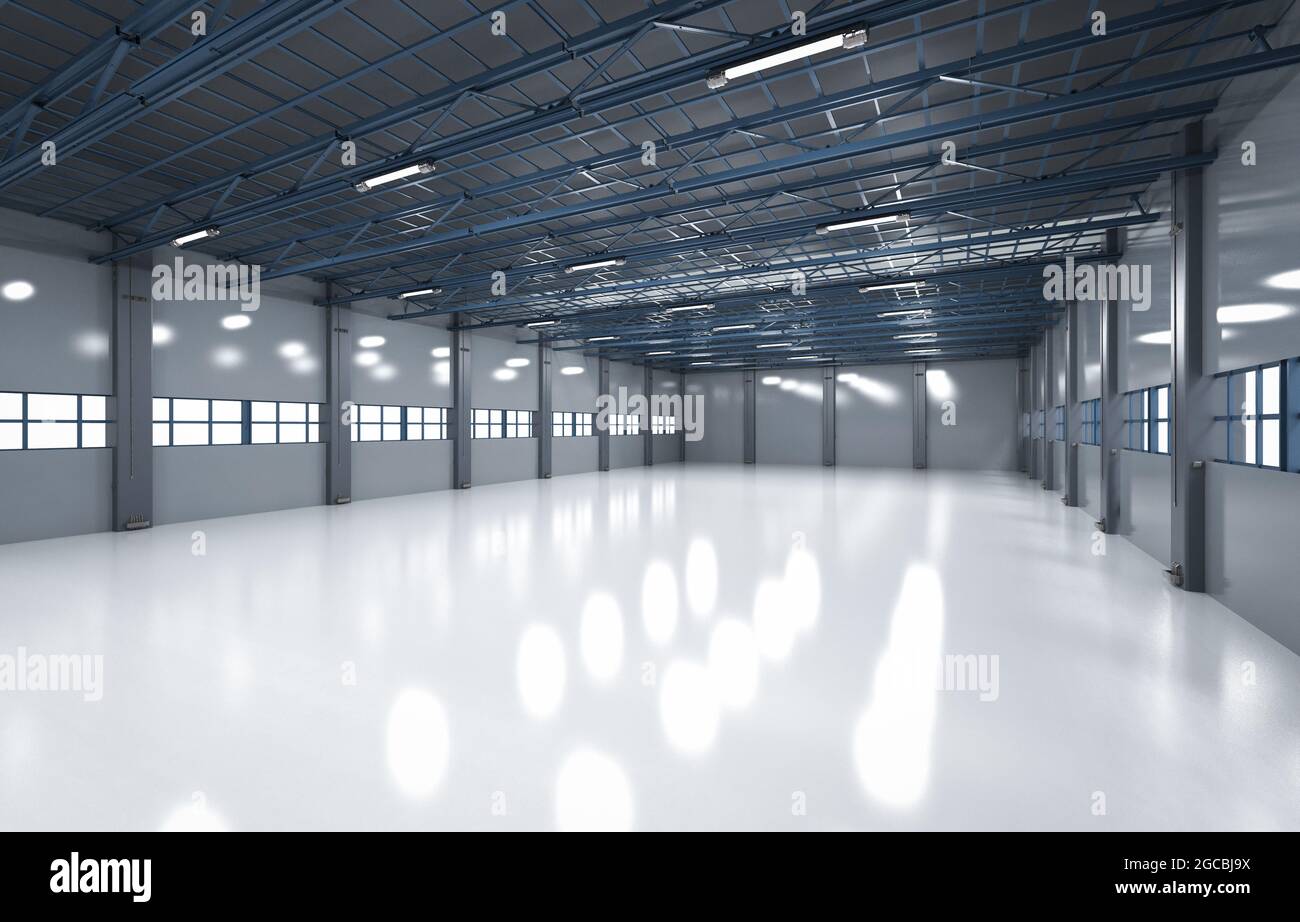 3d rendering empty factory interior with pendant lamps Stock Photo - Alamy