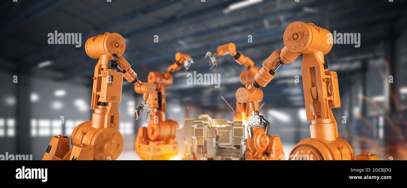 Automation industry concept with 3d rendering robot assembly line in ...