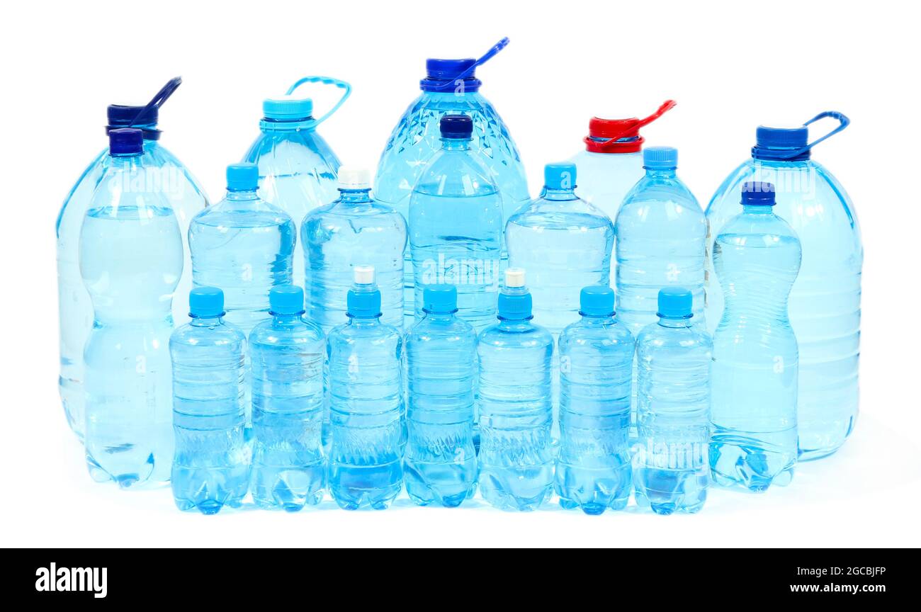 Water in different bottles isolated on white Stock Photo - Alamy