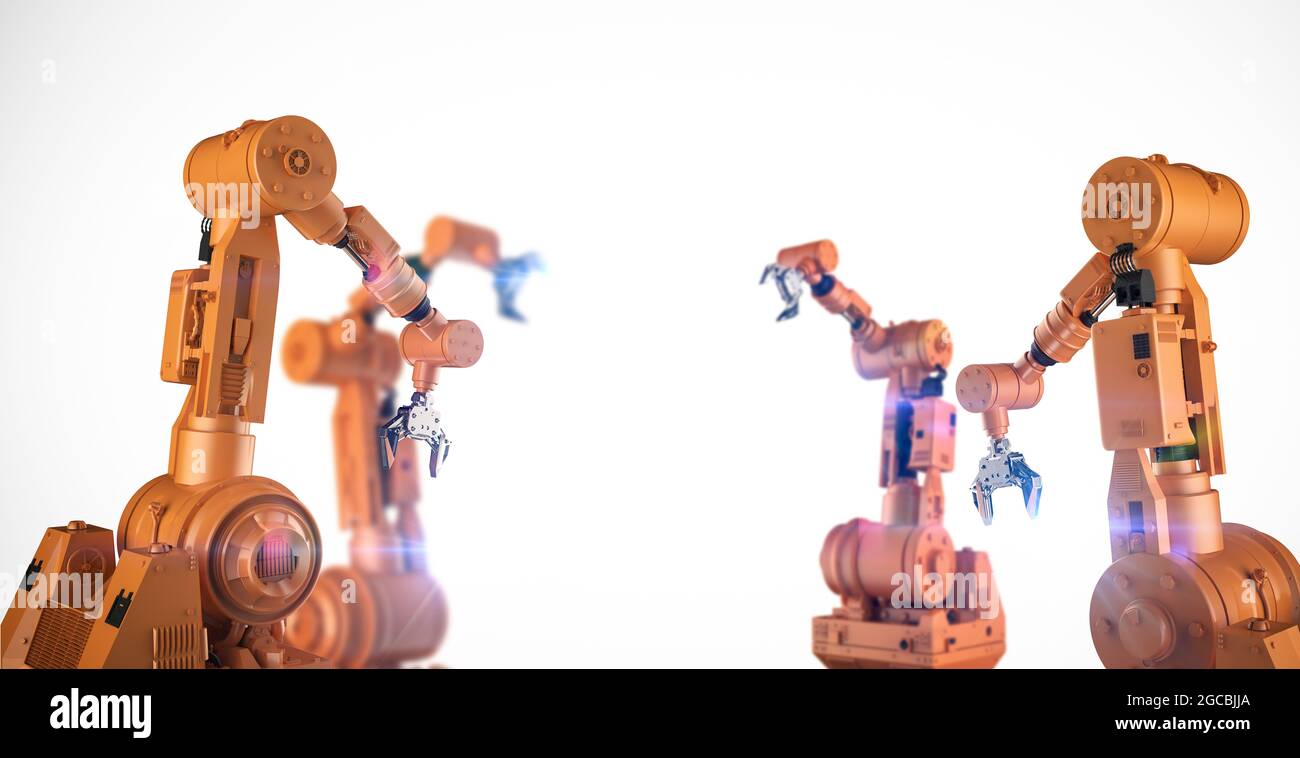 Automation industry concept with 3d rendering robot assembly line on ...