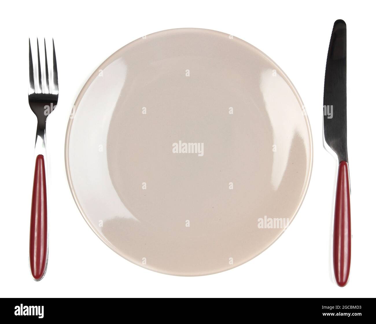 Knife, color plate and fork, isolated on white Stock Photo - Alamy