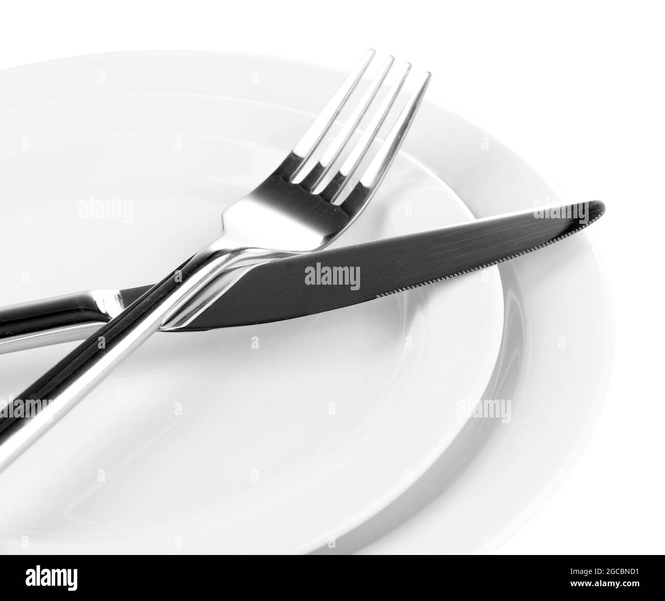 Knife, color plate and fork, isolated on white Stock Photo - Alamy