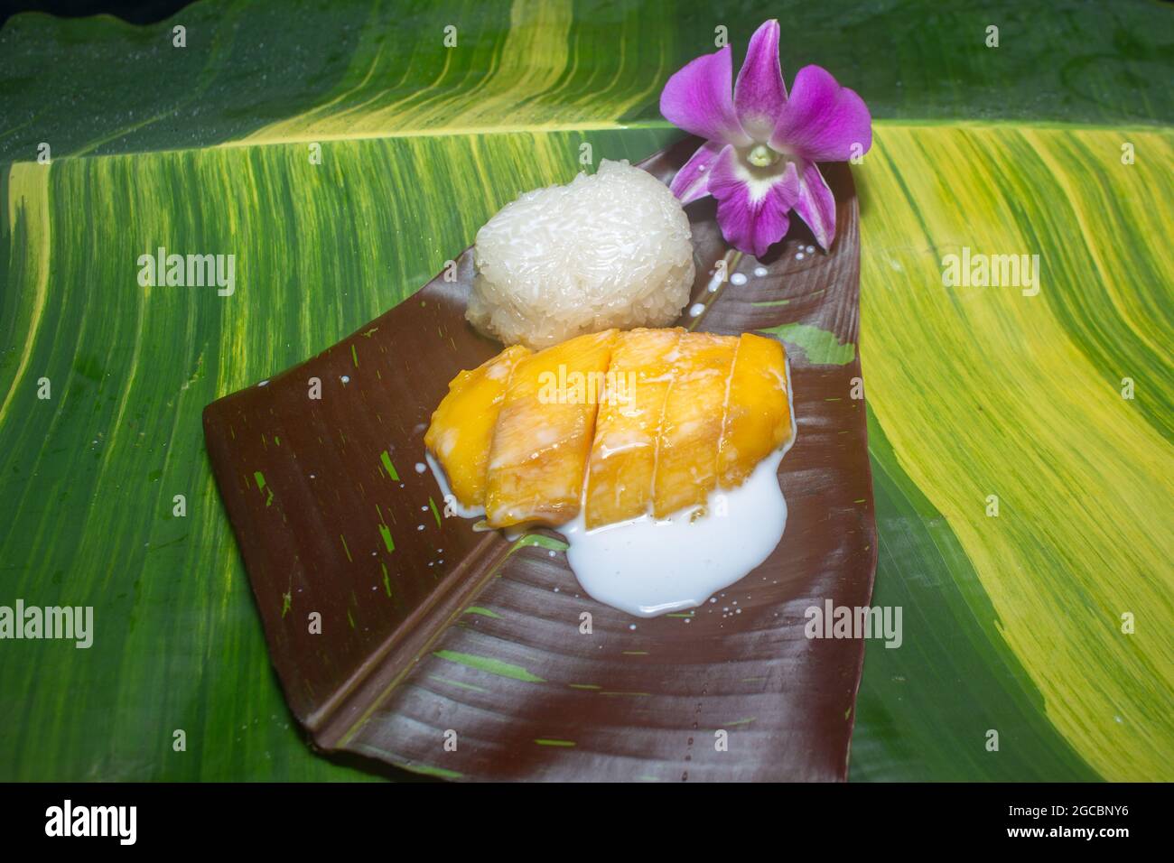 Mango sticky rice served on a spotted banana leaf by the pool. speckled ...