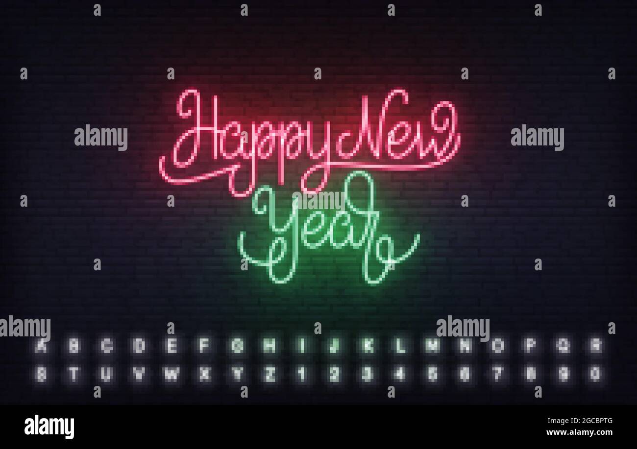 Happy New Year lettering neon template. Bright neon vector sign for New ...
