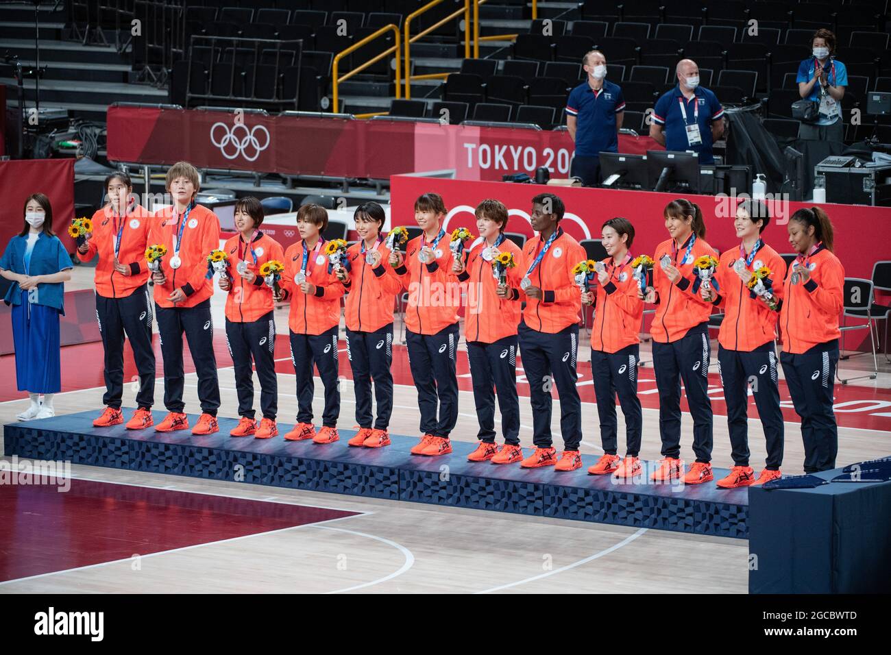 Japan team (JPN), second place, silver medal, award ceremony August 08 ...