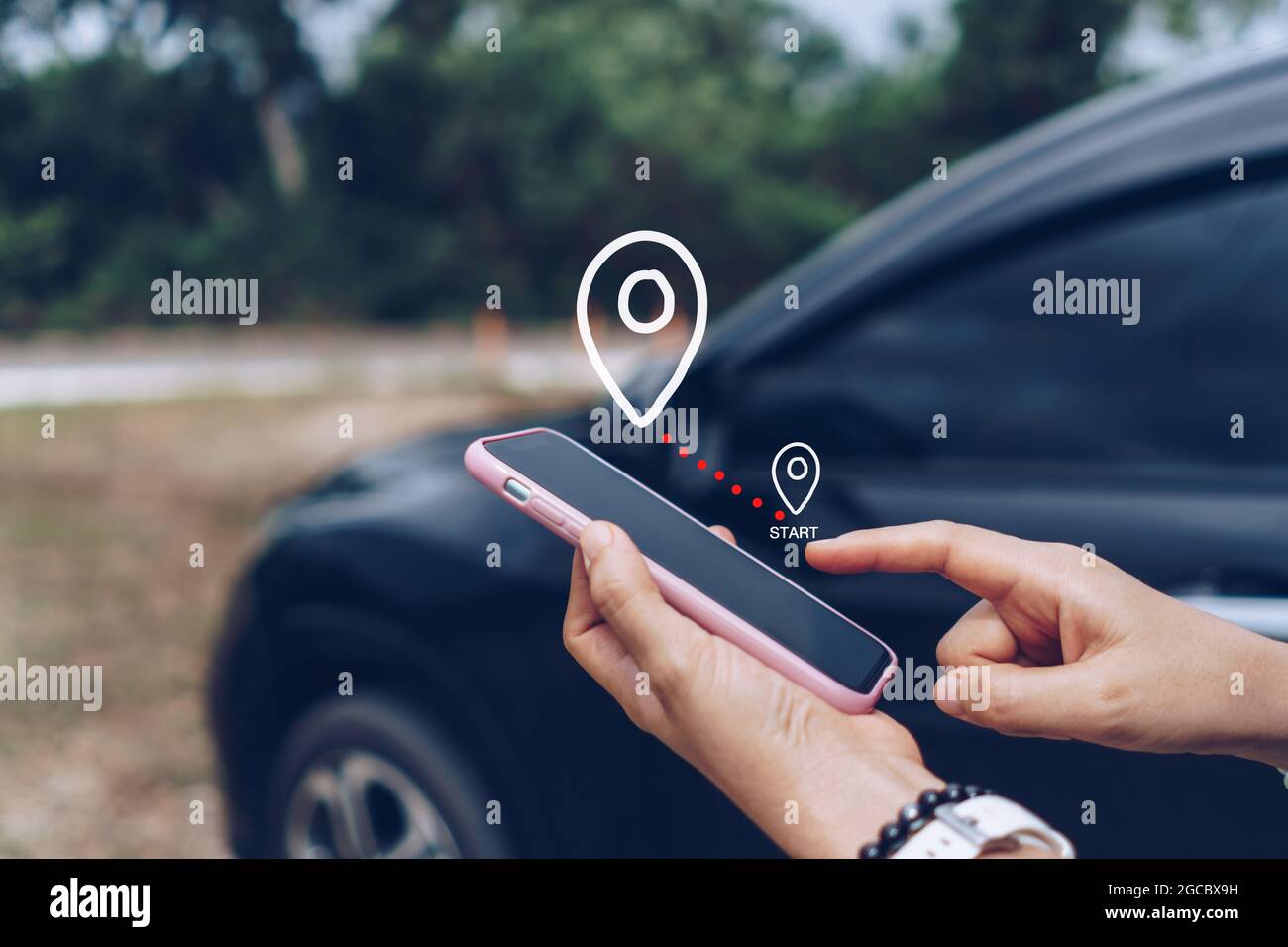 Woman use smartphone to look up map plan route for travel. Road trip ...