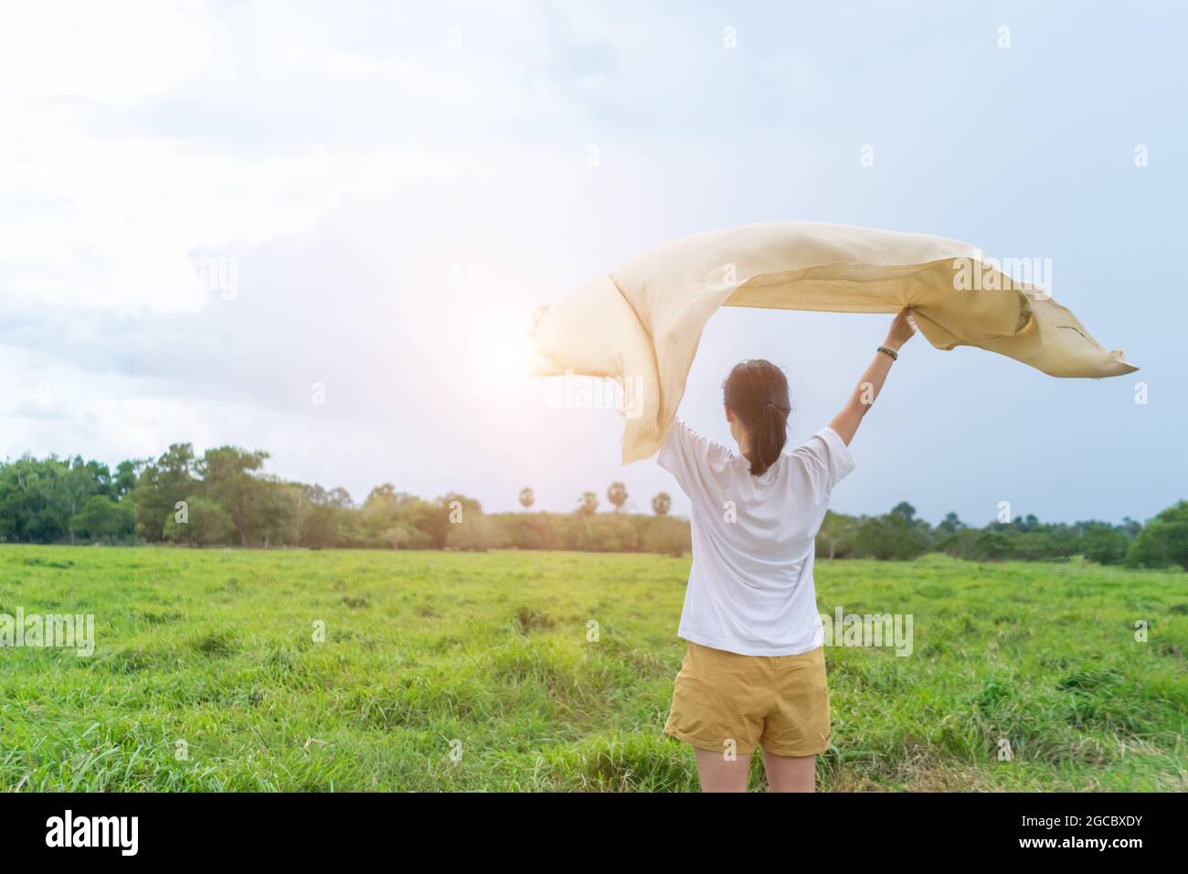 Copy space freedom lady hand rising up summer vacation and freedom ...