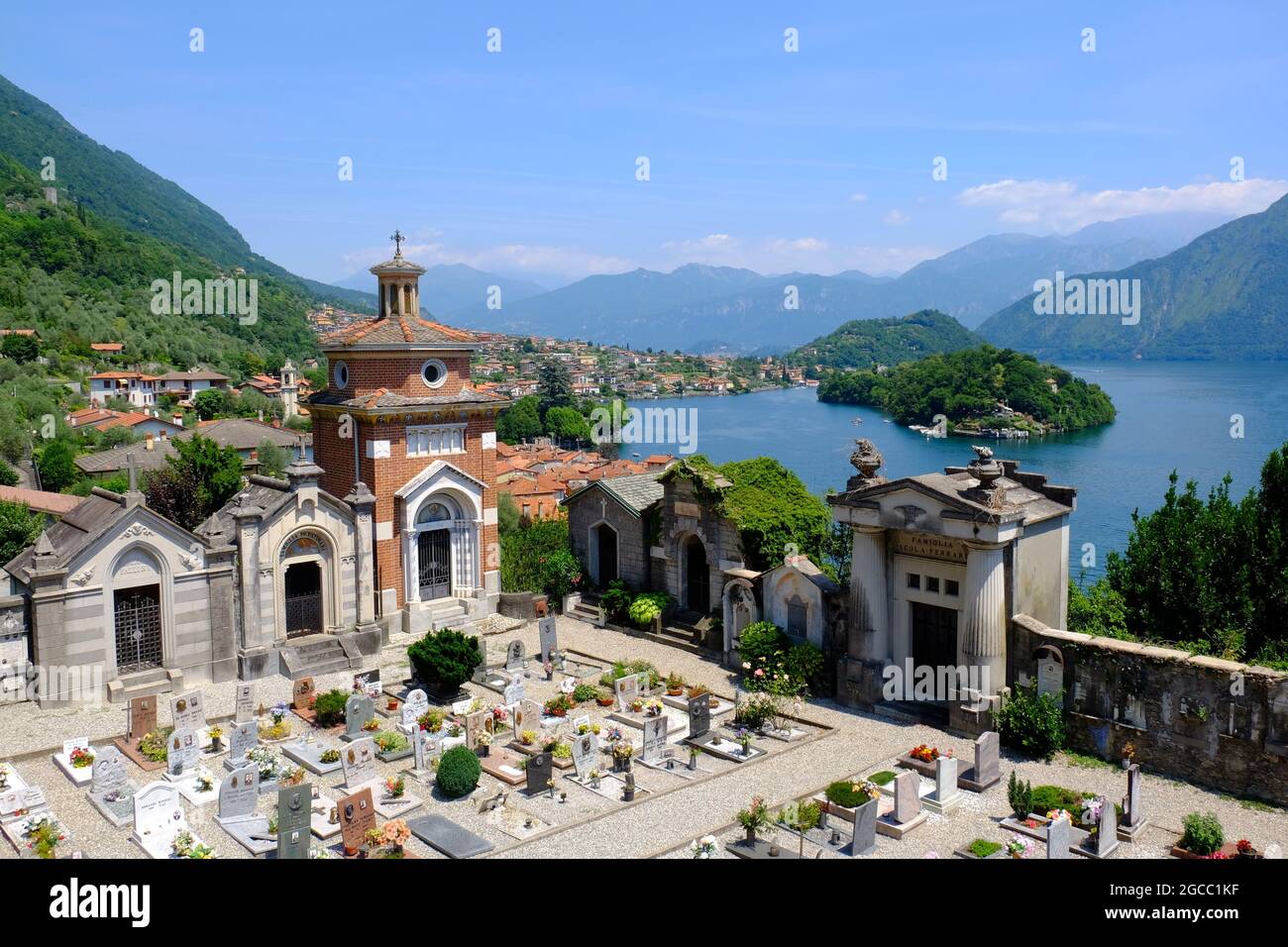 Cemetery overlooking beautiful Lake Como and Comacina Island at Sala ...