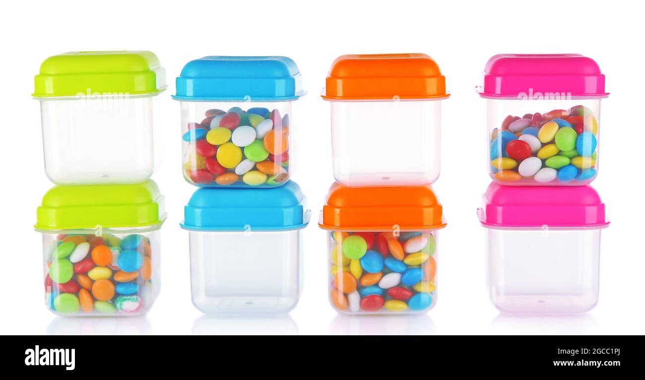 Empty and full of plastic containers isolated on white Stock Photo - Alamy