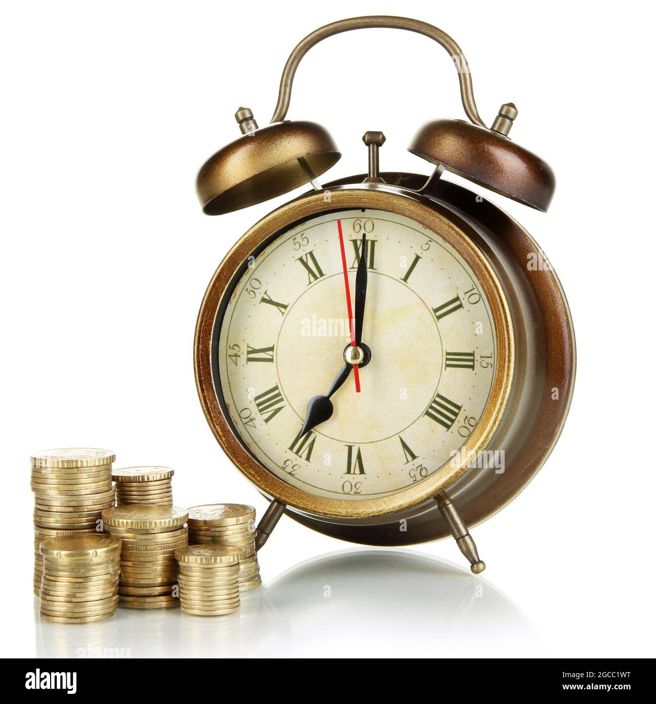 Antique clock and coins isolated on white Stock Photo - Alamy