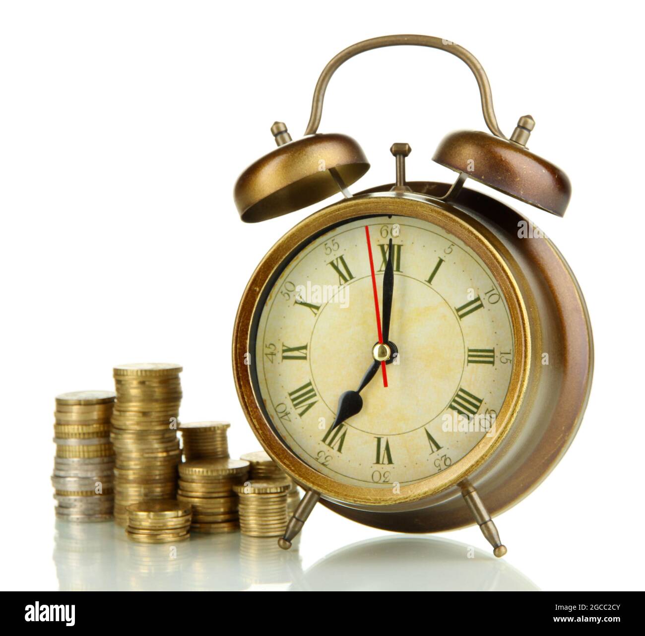 Antique clock and coins isolated on white Stock Photo - Alamy