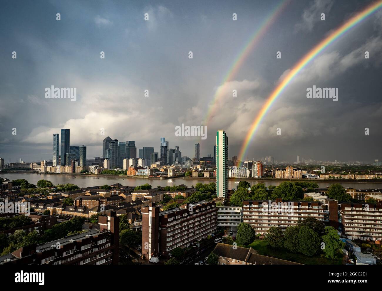 London, UK. 7th August, 2021. UK Weather: A massive double rainbow ...
