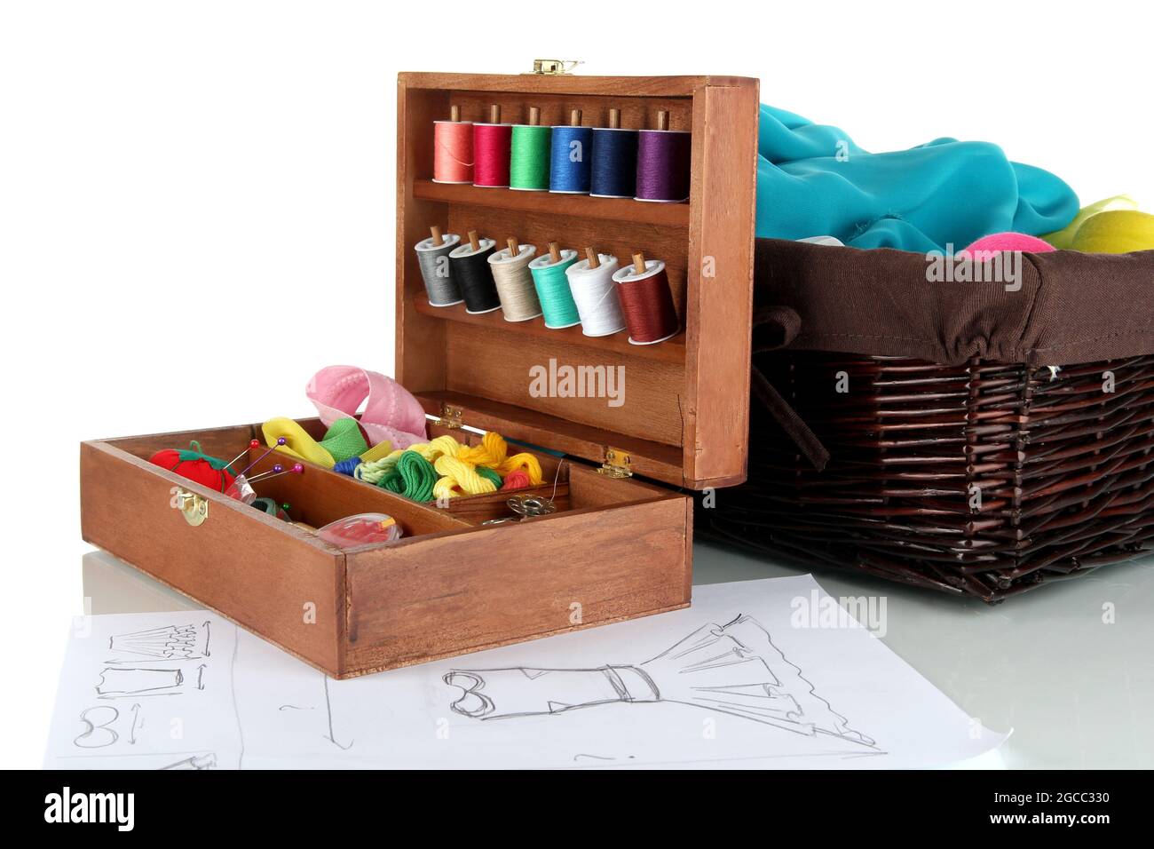 Sewing kit in wooden box and basket with cloth isolated on white Stock ...